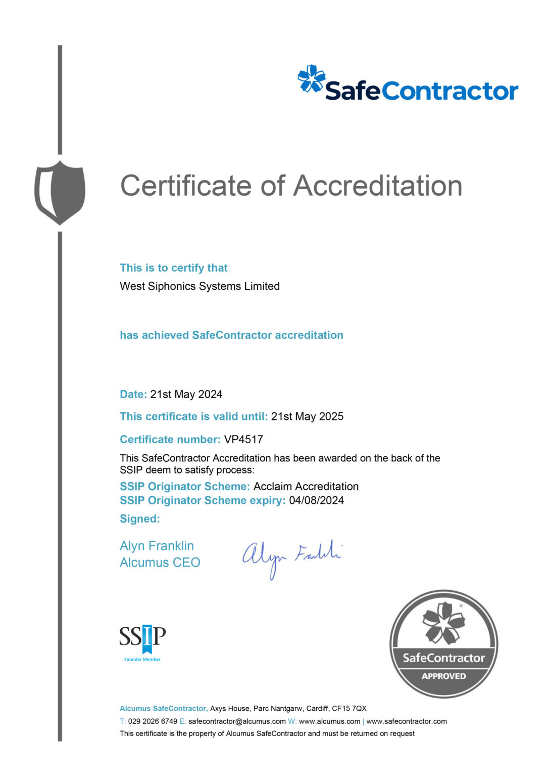 Safecontractor Certificate of Accreditation - West Siphonics Systems Ltd