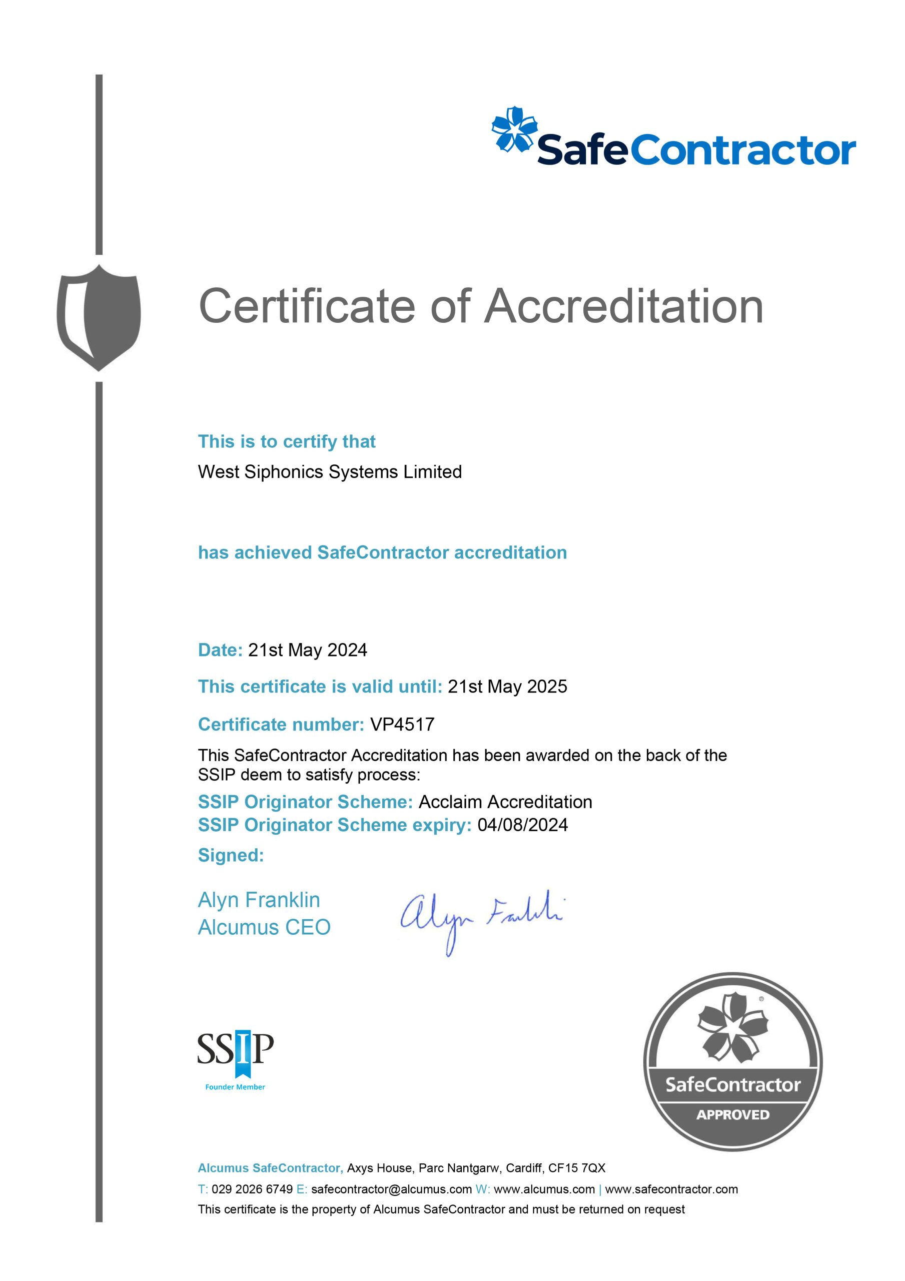 Safecontractor Certificate of Accreditation - West Siphonics Systems Ltd