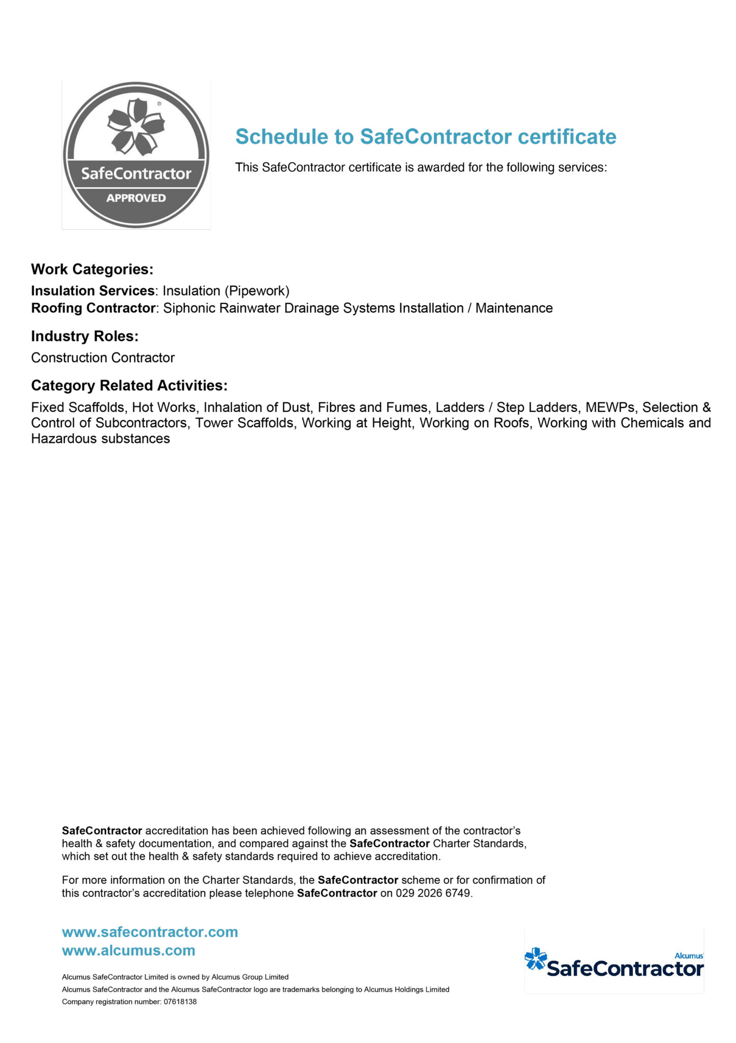 Safecontractor Certificate of Accreditation - West Siphonics Systems Ltd